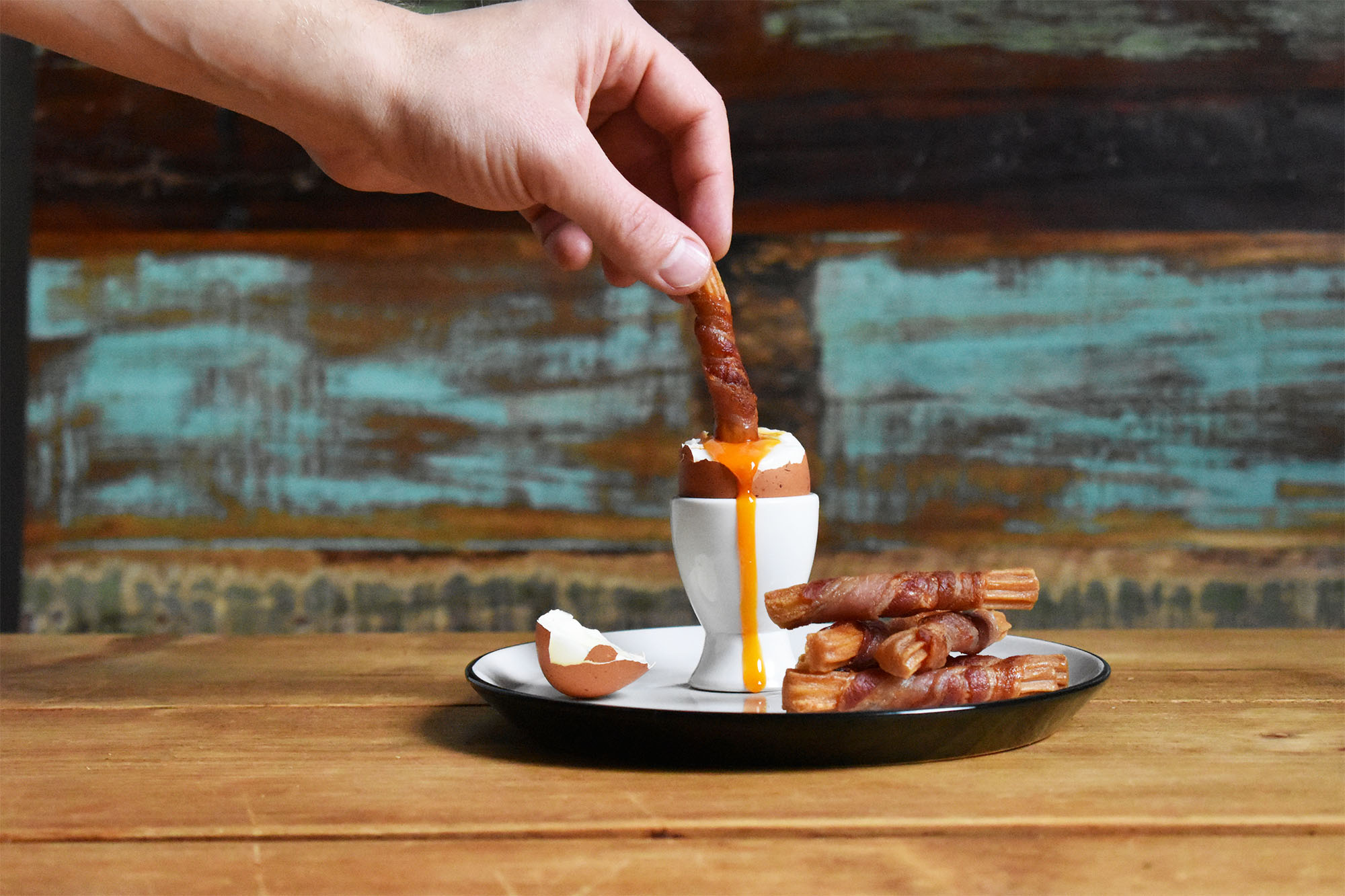 Bacon Wrapped Churros with Dippy Eggs